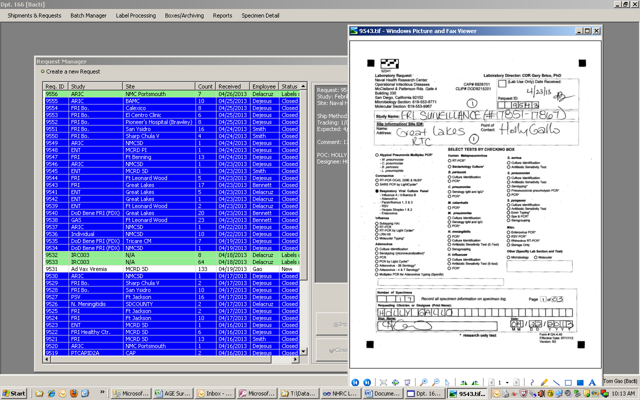 Figure 1.1 Request Form / Specimen Check-in